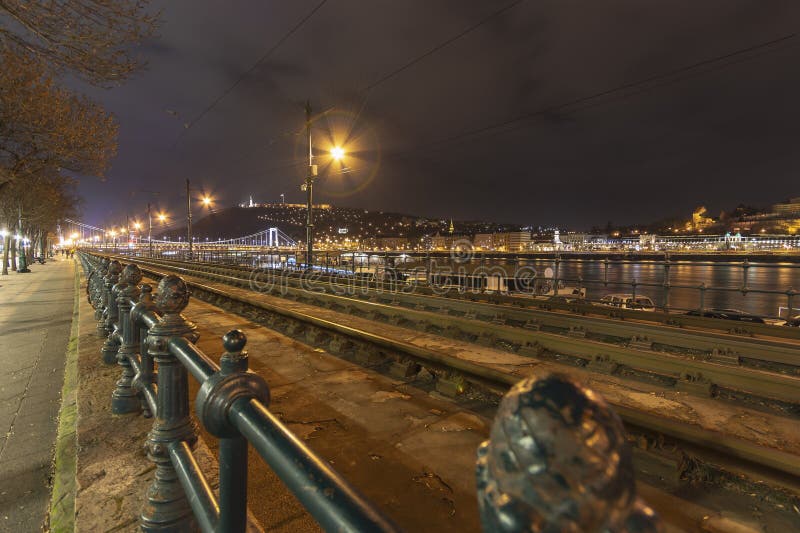 Budapest Danube Riverside at Night with Tram Tracks Stock Image - Image ...