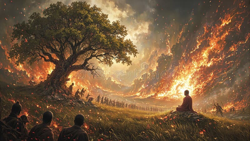 Buddha Facing Maras Temptations with Serenity Under Bodhi Tree Stock ...