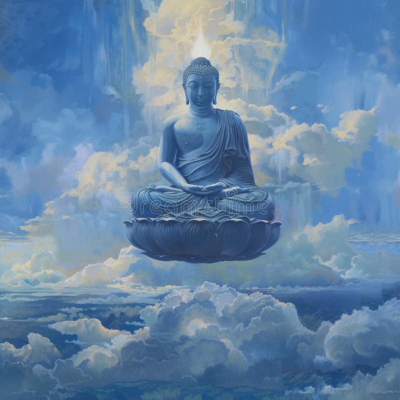 Buddha Floating Above the Clouds Stock Illustration - Illustration of ...