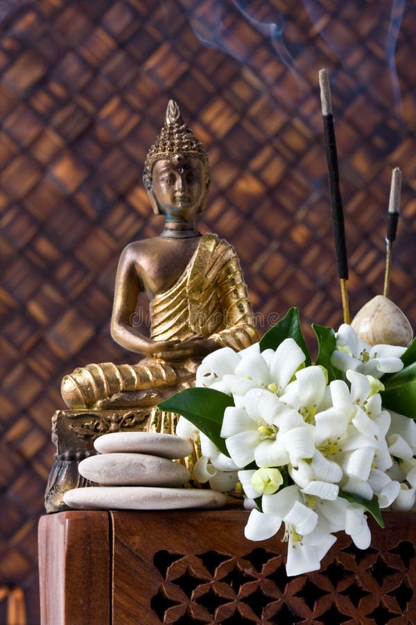Buddha with Incense Sticks and Flowers Stock Photo - Image of incense ...