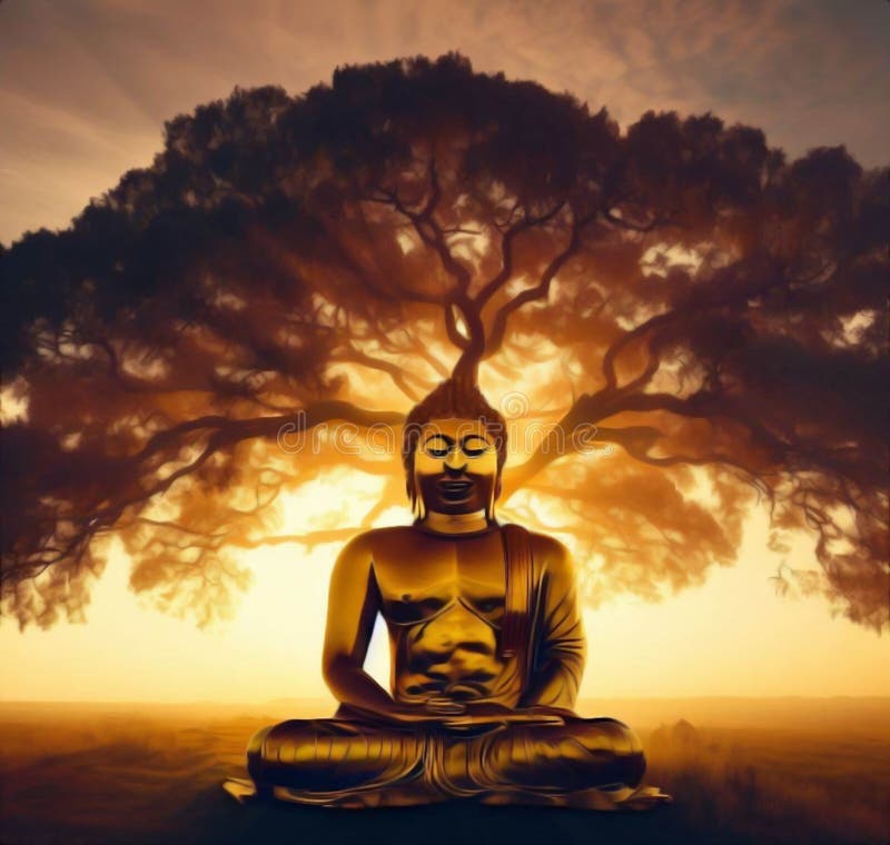 Buddha Meditating with Oak Tree Behind Stock Illustration ...