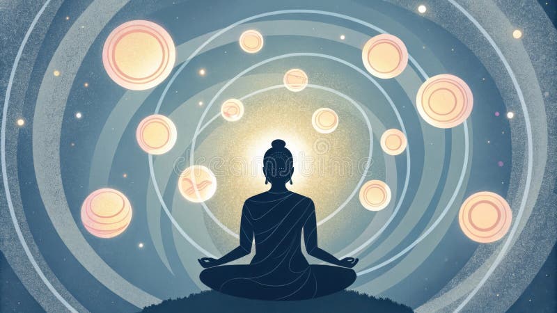 Buddha Meditating Under a Celestial Vortex with Planets and Stars Stock ...