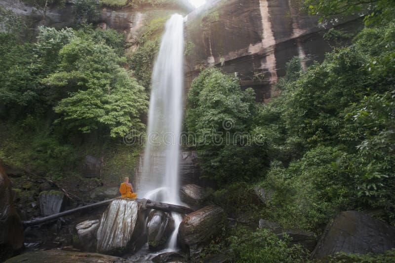 Buddha Monk Practice Meditation at Waterfall Editorial Photography ...