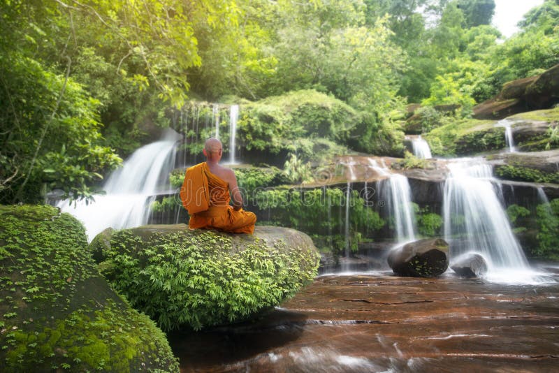Buddha Monk Practice Meditation at Waterfall Editorial Stock Image ...
