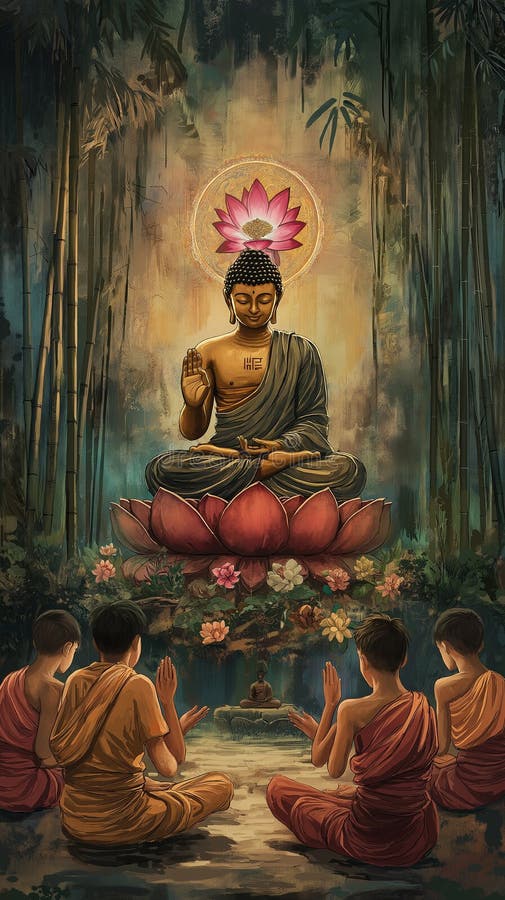 Buddha, in Peaceful Forest Setting, Teaches His Five Disciples about ...