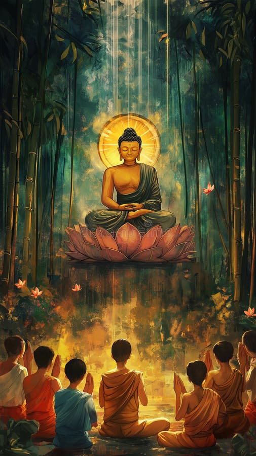 Buddha, in Peaceful Forest Setting, Teaches His Five Disciples about ...