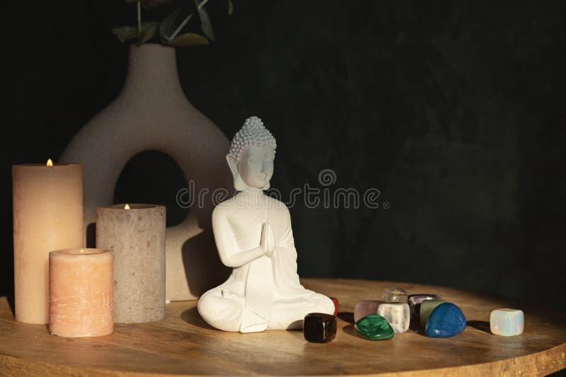 Buddha Statue, Candles and Gemstones. Balance Energy Flow, Purifying ...