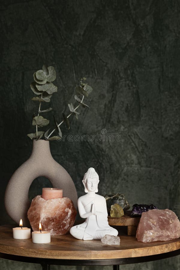 Buddha Statue, Himalaya Salt Candle and Gemstones. Balance Energy Flow ...