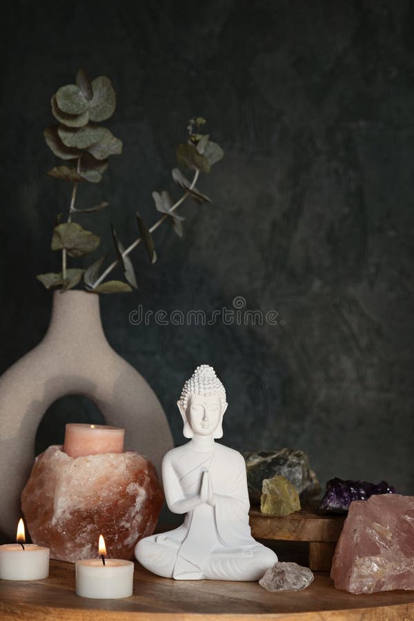 Buddha Statue, Himalayan Salt Candle Holder and Gemstones. Balance and ...