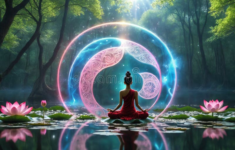 Buddha Statue in Lotus Pose Practicing Meditation in Spring Forest in ...