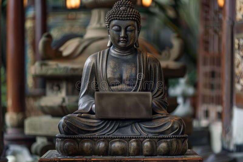 Buddha Statue Meditating with Laptop in Antique Store Stock ...