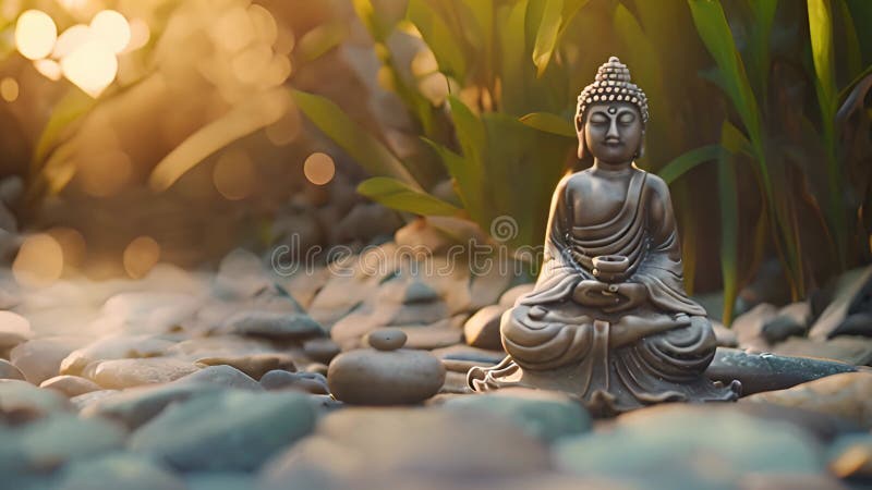 Buddha Statue Seated on Rock Pile Stock Video - Video of peace, belief ...
