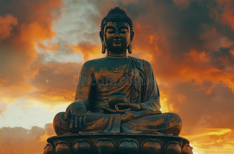 Buddha Statue at Sunset stock illustration. Illustration of religious ...