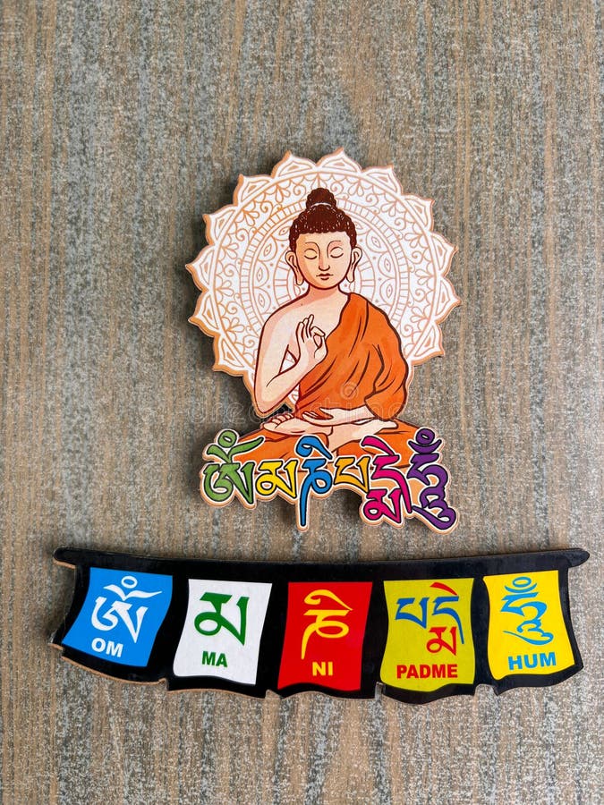 A Buddha Statue is Surrounded by a Banner with the Word Om on it Stock ...