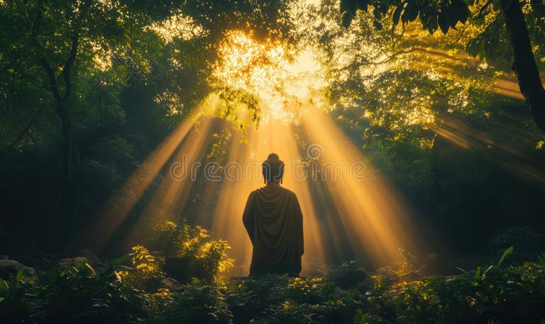 Buddha Statue Surrounded by Lush Greenery and Sunlight Rays in Serene ...
