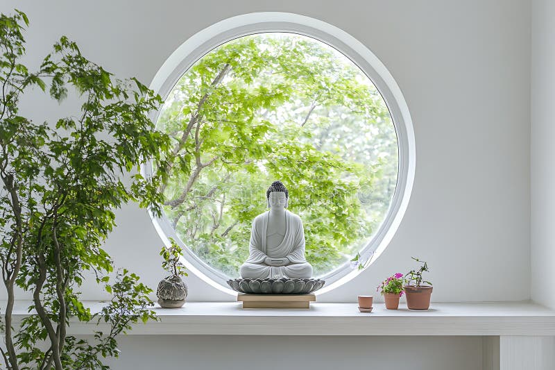 Buddha Statue on a Window Sill with Greenery and a Circular Window ...
