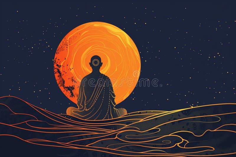Buddhist Guru Meditating Under a Large Orange Moon Stock Image - Image ...