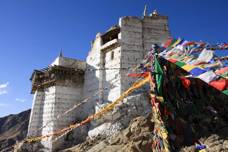 Buddhist Monastery and Prayer Flags, Ladakh, India Stock Image - Image ...