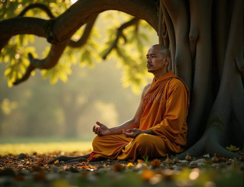 A Buddhist Monk Finds Inner Peace in Meditation As Gentle Sunlight ...