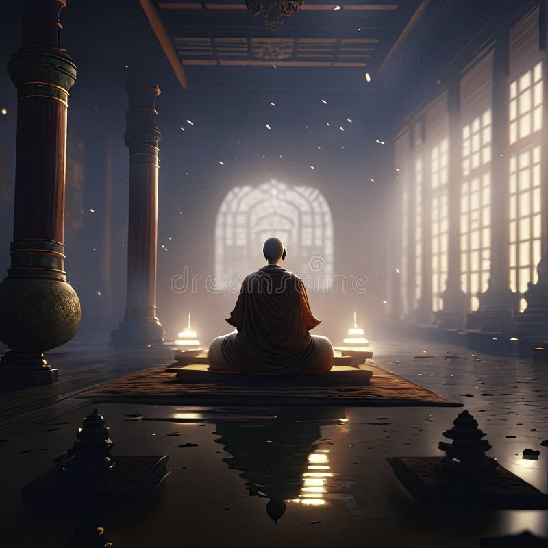 Buddhist Monk Meditating in the Middle of a Foggy Mosque. 3D Rendering ... Buddhist Monk Meditating in the Middle of a Foggy Mosque. 3D Rendering ...