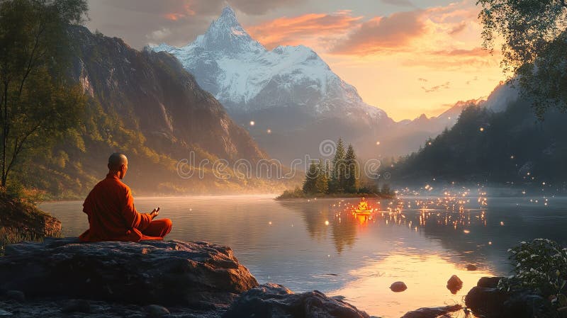 A Buddhist Monk Meditating by a River, Serene Mountains in the Stock ...