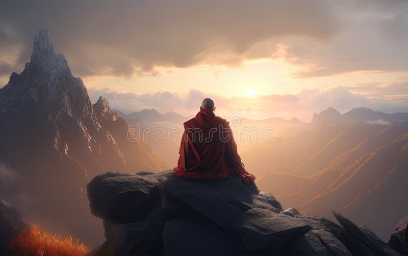 Buddhist Monk Meditating at the Top of the Mountain at Sunrise ... Buddhist Monk Meditating at the Top of the Mountain at Sunrise ...