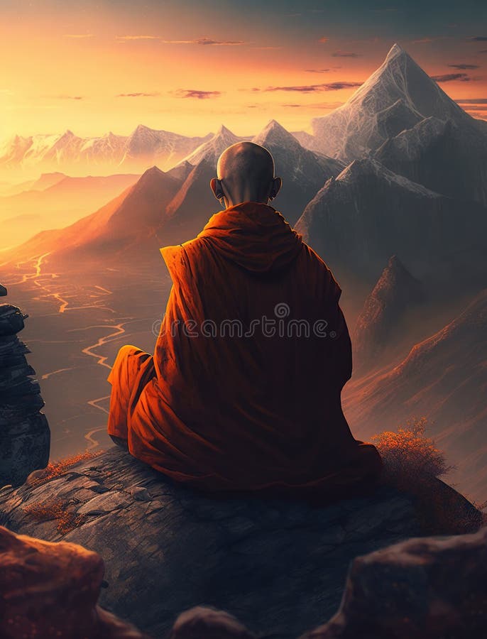 A Buddhist Monk Meditating on Top of a Mountain during Sunrise with ...