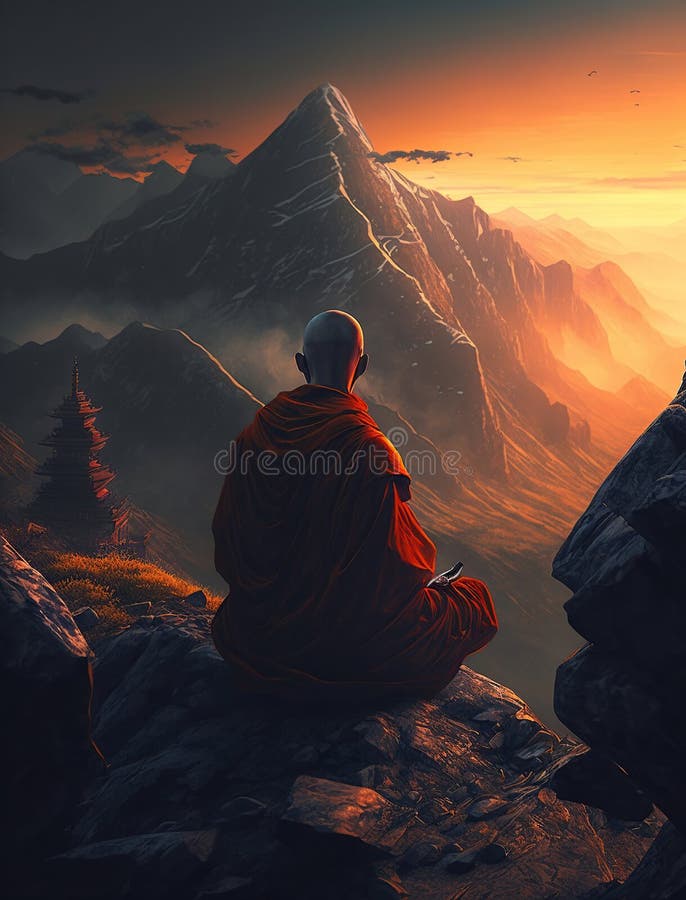 Buddhist Monk Meditating at the Top of the Mountain at Sunrise ... Buddhist Monk Meditating at the Top of the Mountain at Sunrise ...