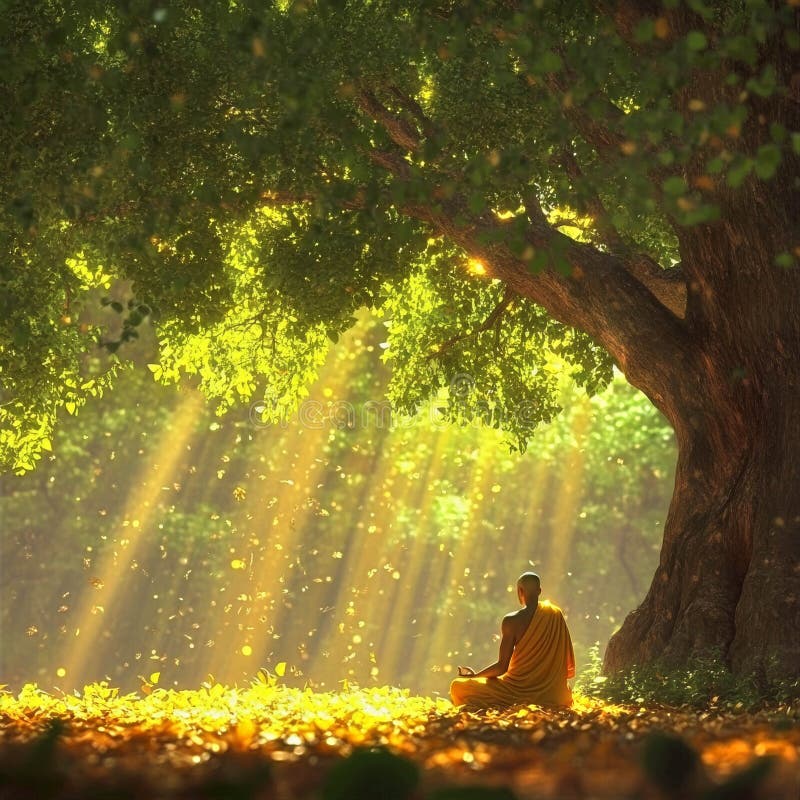 Buddhist Monk Meditating Under Large Tree with Sunlight Filtering ...