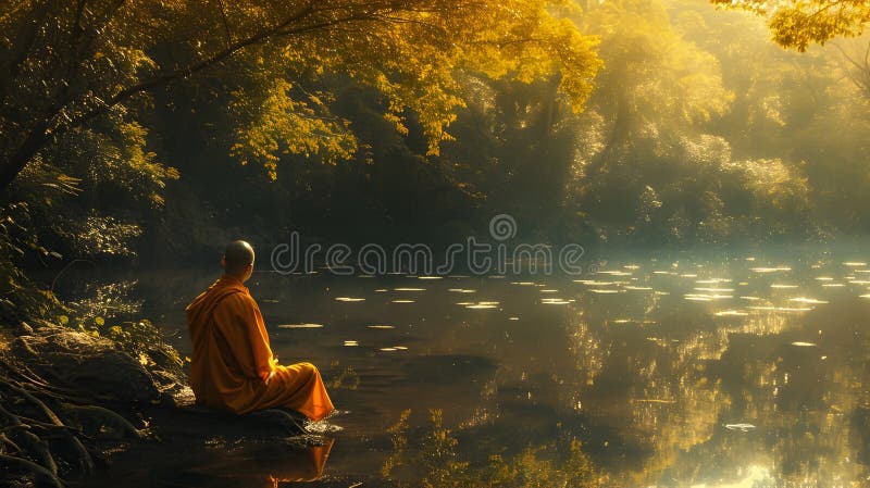 Buddhist Monk In Meditation Beside A Lake In The Jungle Stock
