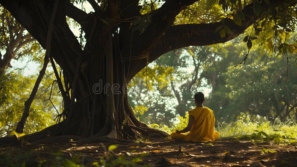 Buddhist Monk in Meditation beside a Tree in the Jungle Stock ...