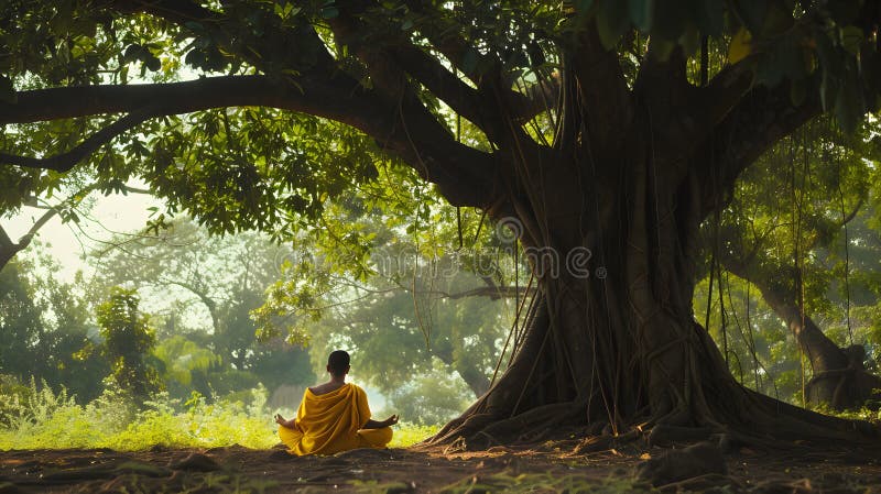 Buddhist Monk in Meditation beside a Tree in the Jungle Stock ...