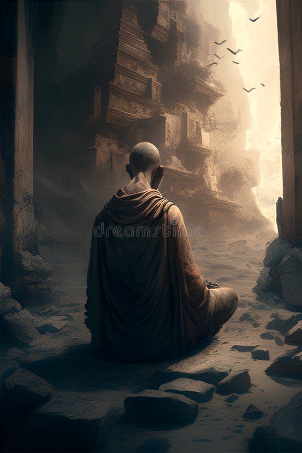Buddhist Monk in the Ruins of the Temple. 3d Rendering Stock ...