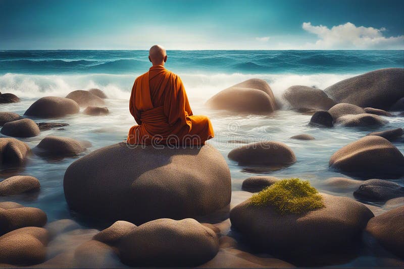 Buddhist Monk. a Sitting Monk Meditates on the Seashore. Selective ... Buddhist Monk. a Sitting Monk Meditates on the Seashore. Selective ...