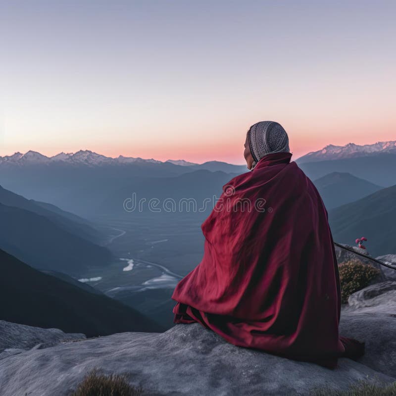 Buddhist Monk Sitting on the Top of a Mountain at Sunset Stock ...