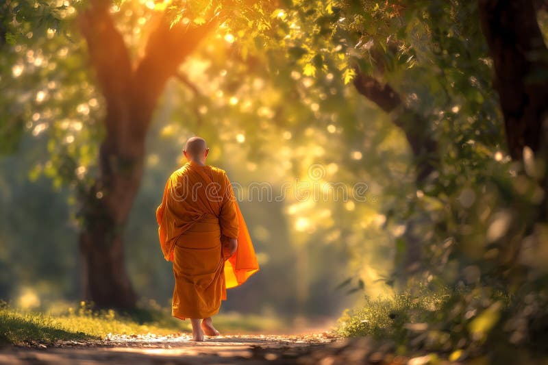 Buddhist Monk Strolling in the Forest with Sunlight, AI-generated ...
