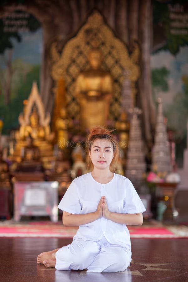 Buddhist Nuns Meditation Walking on the Temple of Thailand Stock Photo ...