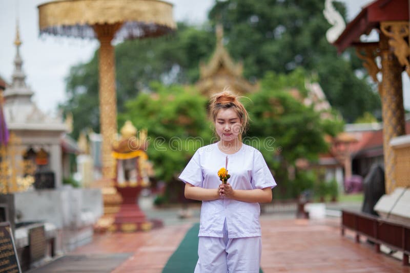 Buddhist Nuns Meditation Walking on the Temple of Thailand Stock Image ...