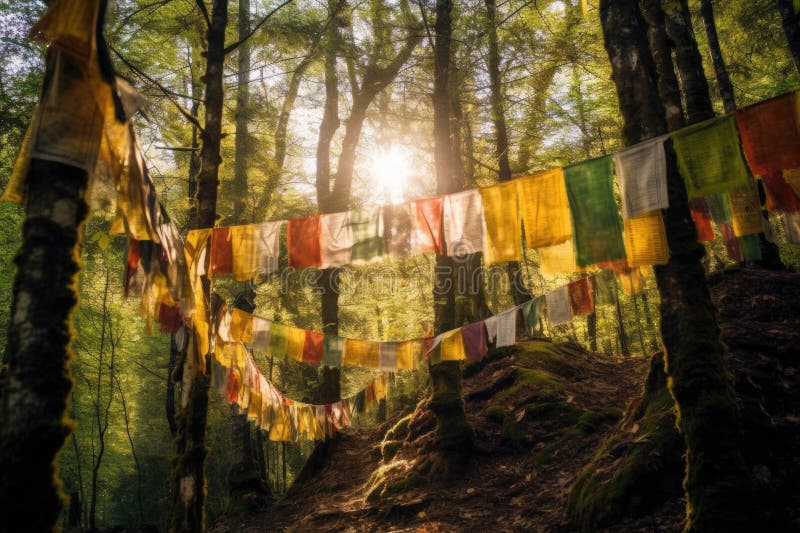 Buddhist Prayer Flags Hanging in a Forest Stock Illustration ...