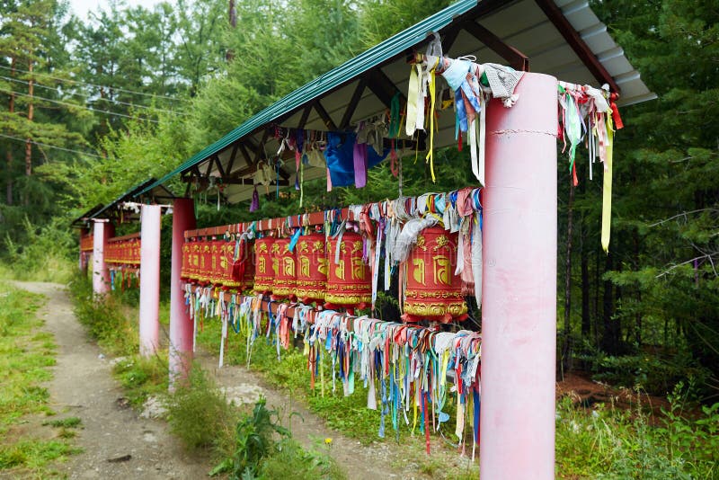 Buddhist Prayer Red Drums with Colorful Ribbons Stock Image - Image of ...