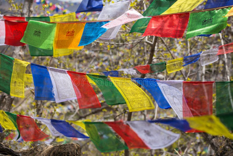 Colorful Buddhist Prayer Flags with Tibetan Prayers on it in Monastery ...