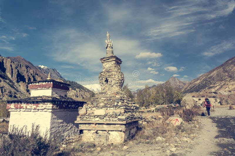 Buddhist Stupa Along Annapurna Trek. Stock Image - Image of altitude ...