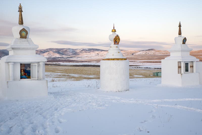 Three Buddhist stupas stock photo. Image of building - 239874856