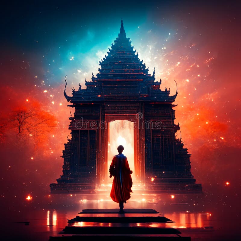 Buddhist Temple Gate with Silhouette of Buddhist Monk. AI Generated ... Buddhist Temple Gate with Silhouette of Buddhist Monk. AI Generated ...