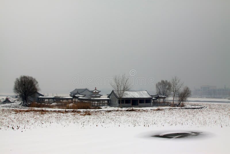 Buddhist Temple Landscape Architecture in the Snow Stock Image - Image ...