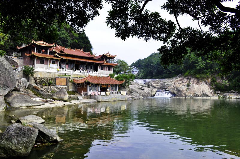 A Buddhist Temple Overlooking River Pool Stock Image - Image of golden ...