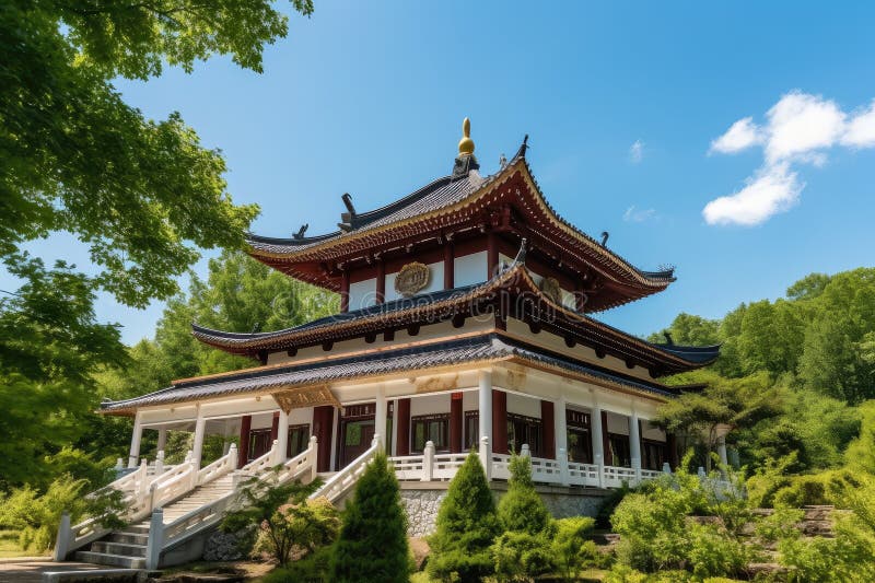Buddhist Temple, Surrounded by Greenery, with a Clear Blue Sky in the ...