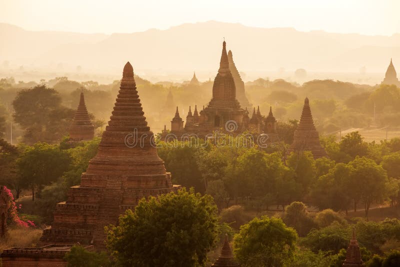 Buddhist Temples in Bagan at Sunset, Myanmar Stock Image - Image of ...