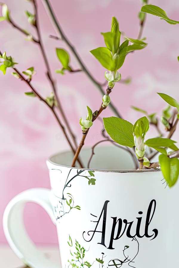 Budding Branches in a Cup Labeled April , Springtime Vibes. AI ...