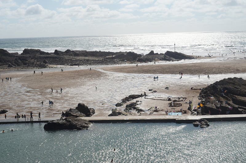 Bude Beach Cornwall Colors Such As Blues Sands and Greens with Rock ...